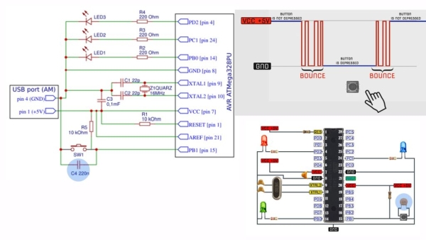 Toggle LEDs with Push Button on AVR: Debouncing Explained