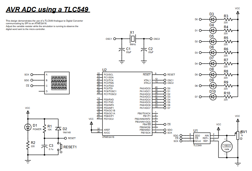 AVR ADC using TLC549 with ATmega16 Proteus Simulation